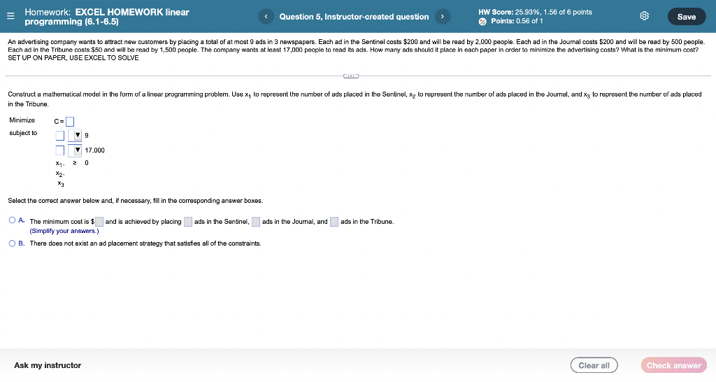 Solved = Homework: EXCEL HOMEWORK linear programming | Chegg.com