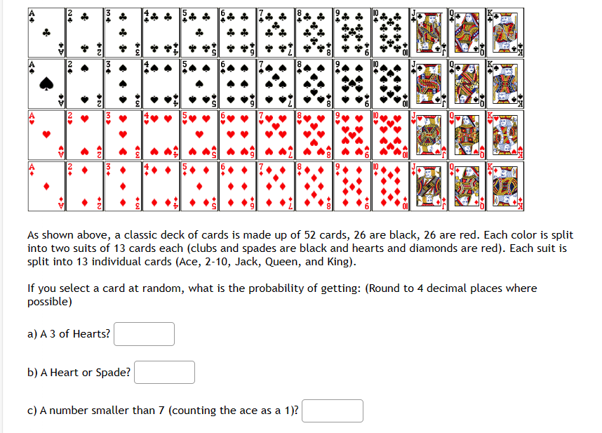 Solved a) ﻿A 3 ﻿of Hearts? b) ﻿A Heart or Spade? c) ﻿A | Chegg.com
