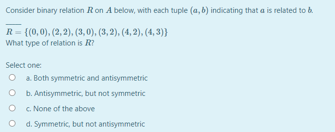 Solved Consider binary relation Ron A below, with each tuple | Chegg.com