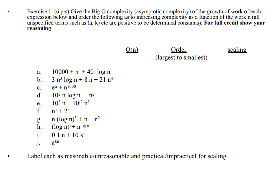 Solved Exercise 1: (6 pts) Give the Big O complexity | Chegg.com