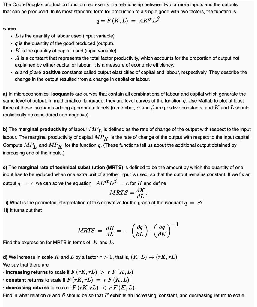 Solved The Cobb-Douglas production function represents the | Chegg.com