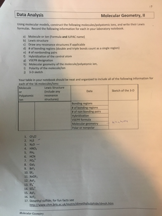 Solved 17 Data Analysis Molecular Geometry,I Using molecular | Chegg.com