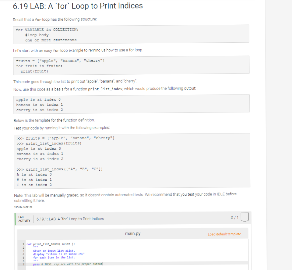 Solved 6.19 LAB: A for Loop to Print Indices Recall that a | Chegg.com