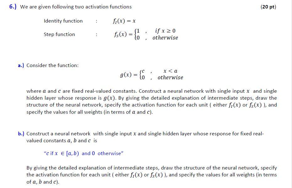 Solved 6.) We are given following two activation functions | Chegg.com