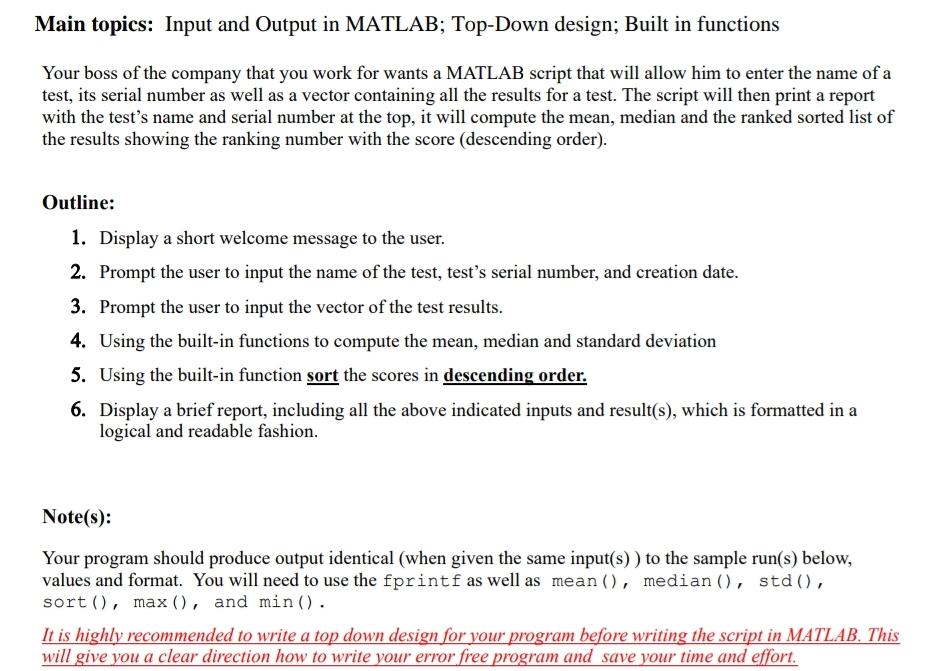 Solved Main topics: Input and Output in MATLAB; Top-Down | Chegg.com