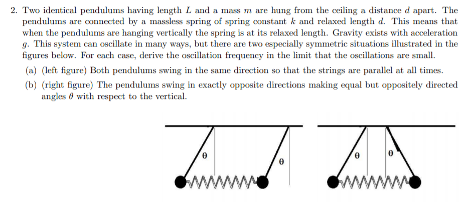 Solved 2. Two identical pendulums having length L and a mass | Chegg.com
