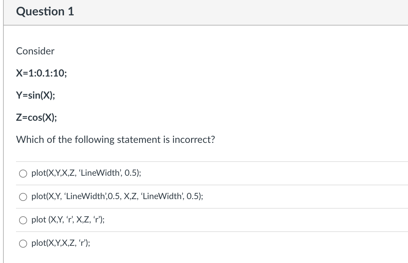 Solved Consider X=1:0.1:10Y=sin(X)Z=cos(X) Which of the | Chegg.com