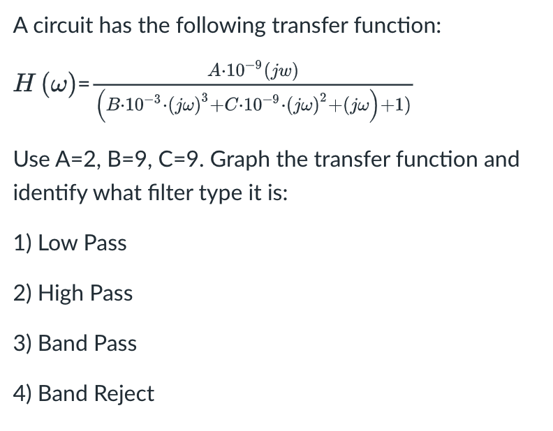 Solved A circuit has the following transfer function: | Chegg.com