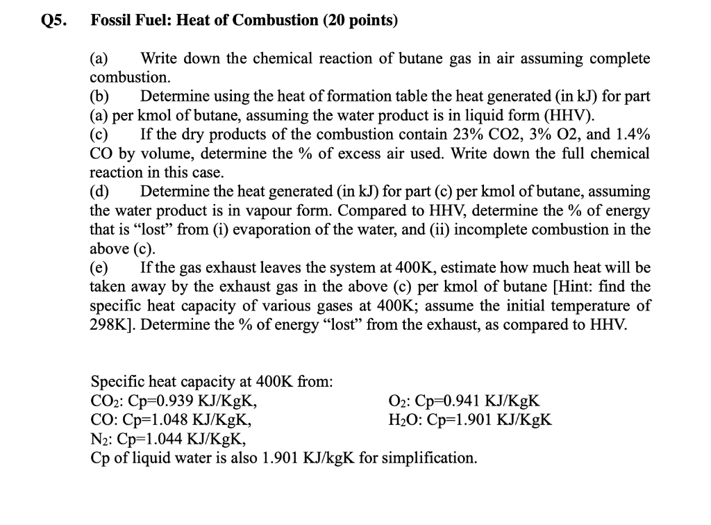 Q5. Fossil Fuel: Heat of Combustion (20 points) (a) | Chegg.com