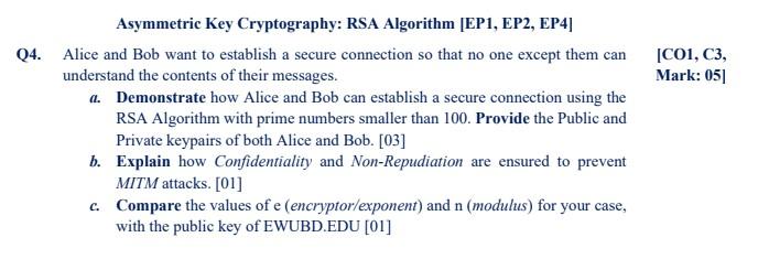 Solved [C01, C3, Mark: 051 Asymmetric Key Cryptography: RSA | Chegg.com