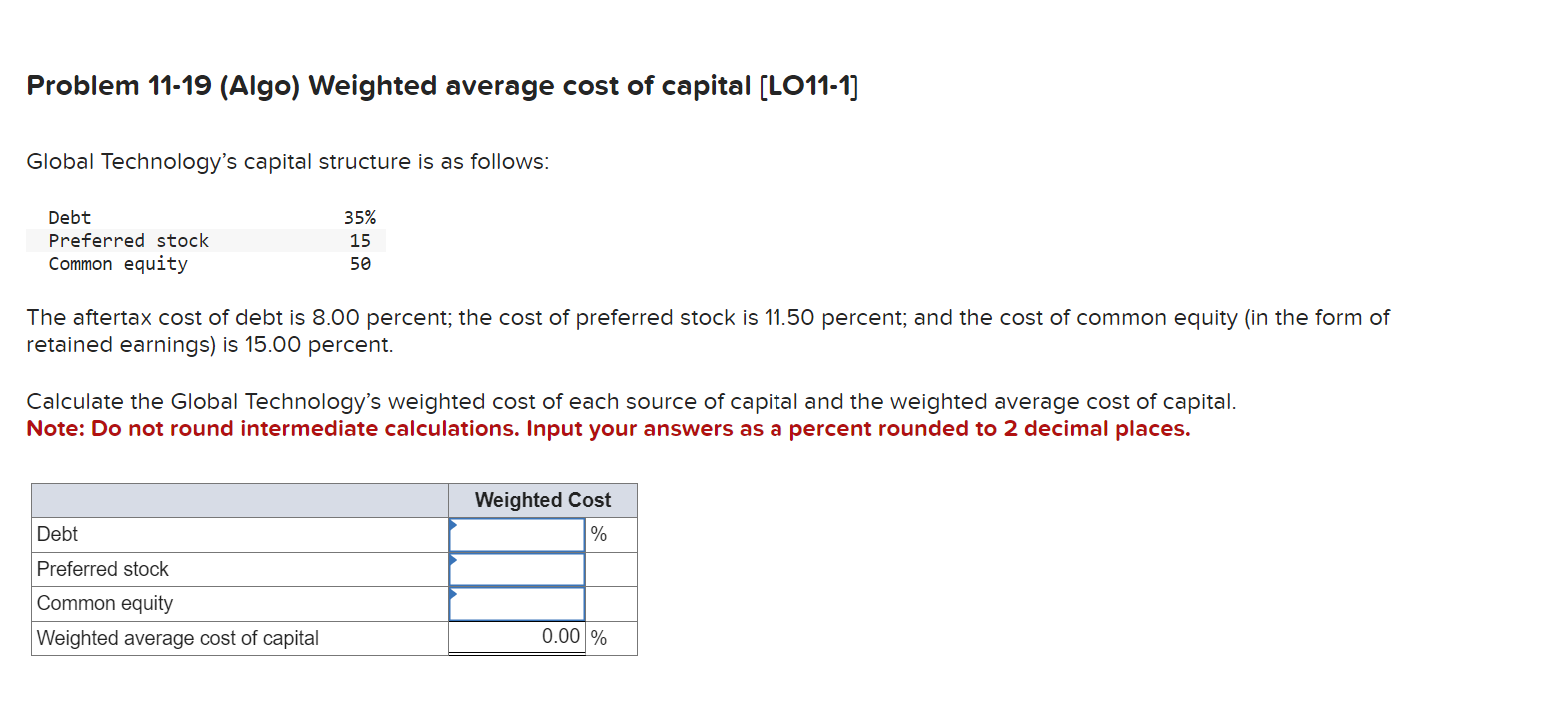 Solved Problem 11-19 (Algo) Weighted average cost of capital | Chegg.com