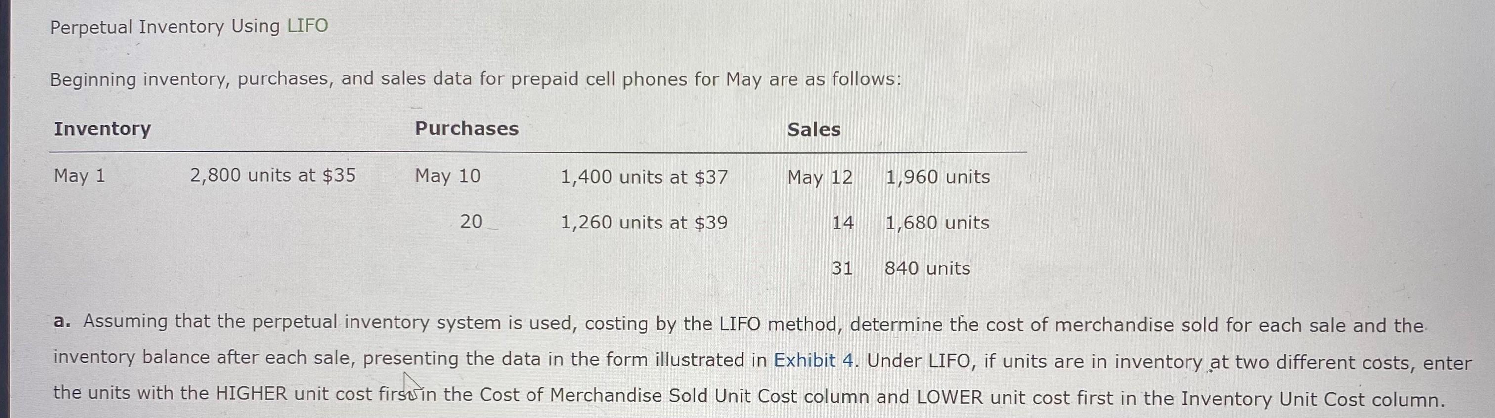 Solved Perpetual Inventory Using LIFO Beginning inventory, | Chegg.com