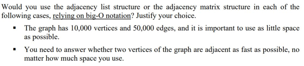 Solved Would you use the adjacency list structure or the | Chegg.com
