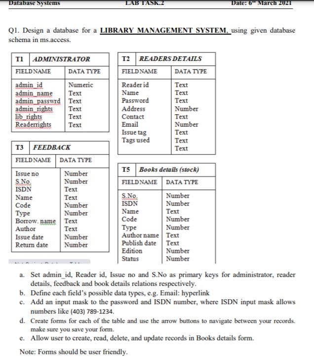 Database Systems LAB TASK.2 Date: 6" March 2021 QI. | Chegg.com
