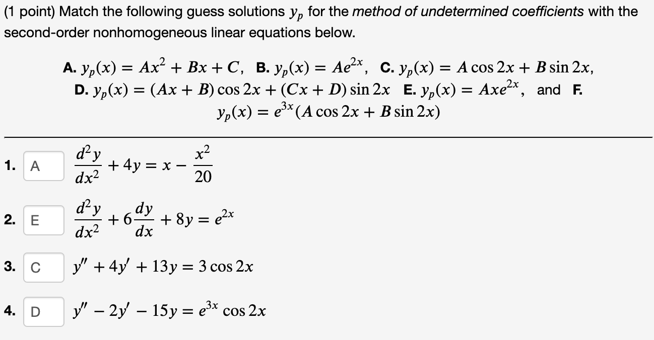 Solved (1 point) Match the following guess solutions yp for | Chegg.com