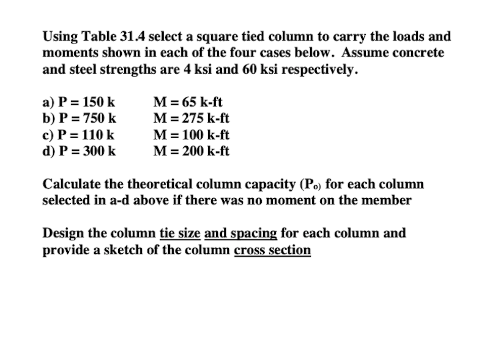 Using Table 31.4 select a square tied column to carry | Chegg.com