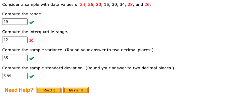 Solved Consider a sample with data values of 24, 26, 20, 15, | Chegg.com