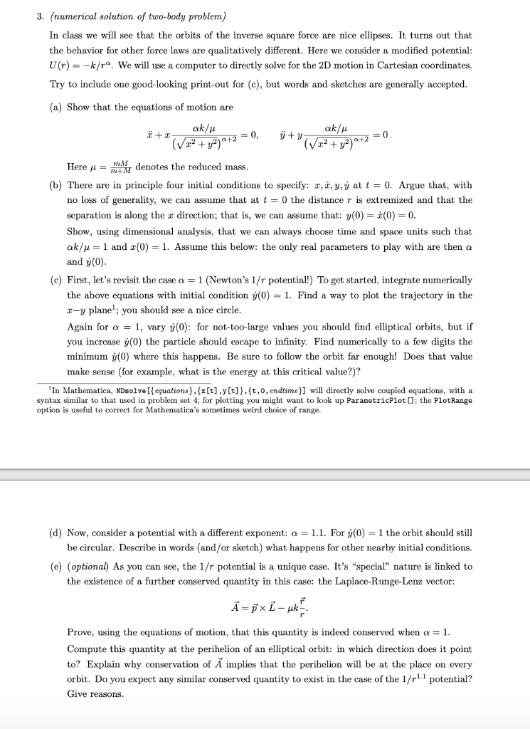 3. (numerical solution of two-body problem) In class | Chegg.com