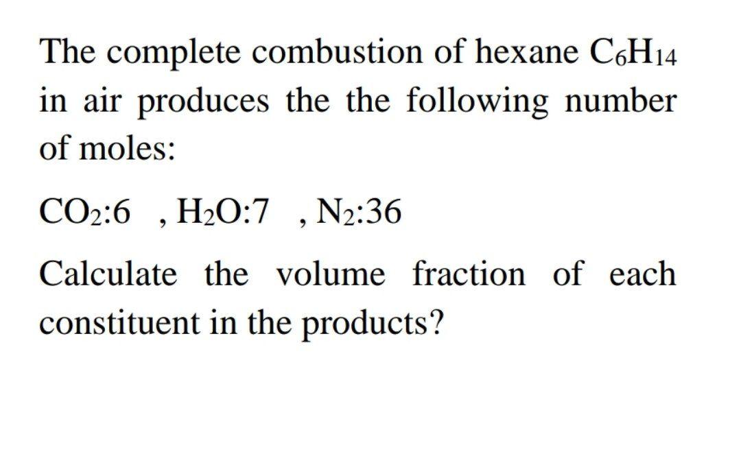 Solved The complete combustion of hexane C6H14 in air | Chegg.com