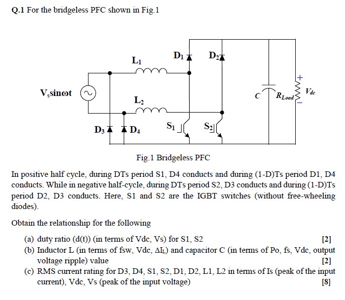 Q.1 For the bridgeless PFC shown in Fig.1 Fig.1 | Chegg.com