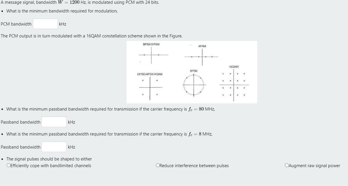 Solved A message signal, bandwidth W = 1200 Hz, is modulated | Chegg.com