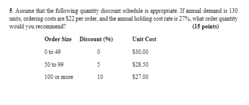 Solved 5. Assume that the following quantity discount | Chegg.com