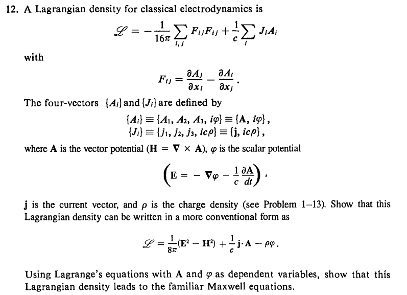 A Lagrangian density for classical electrodynamics | Chegg.com