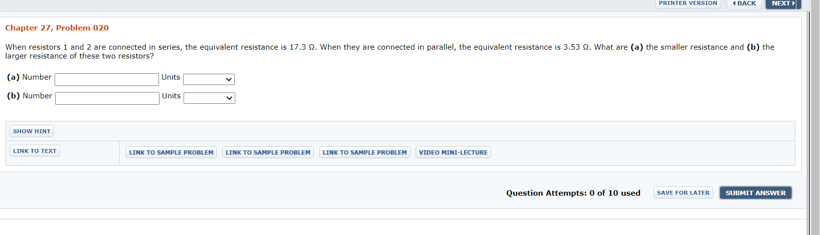 Solved PRINTER VERSION 4 BACK NEXT Chapter 27, Problem 020 | Chegg.com