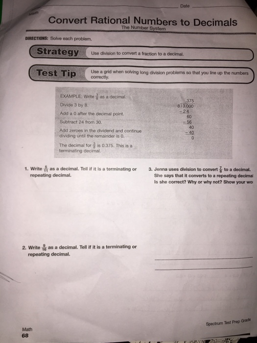 Solved Date Convert Rational Numbers to Decimals The Number | Chegg.com
