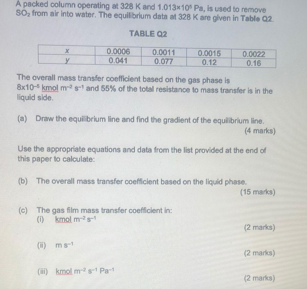 A packed column operating at 328 K and 1.013×105 Pa, | Chegg.com