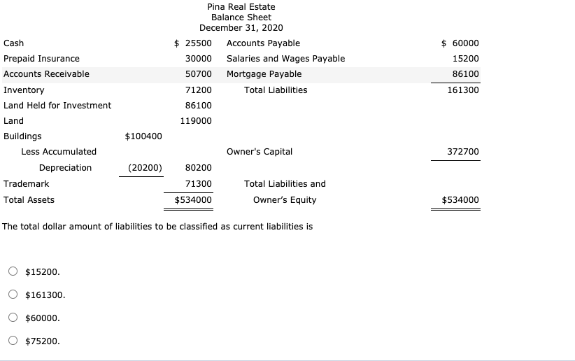 Solved $ 60000 Pina Real Estate Balance Sheet December 31, | Chegg.com