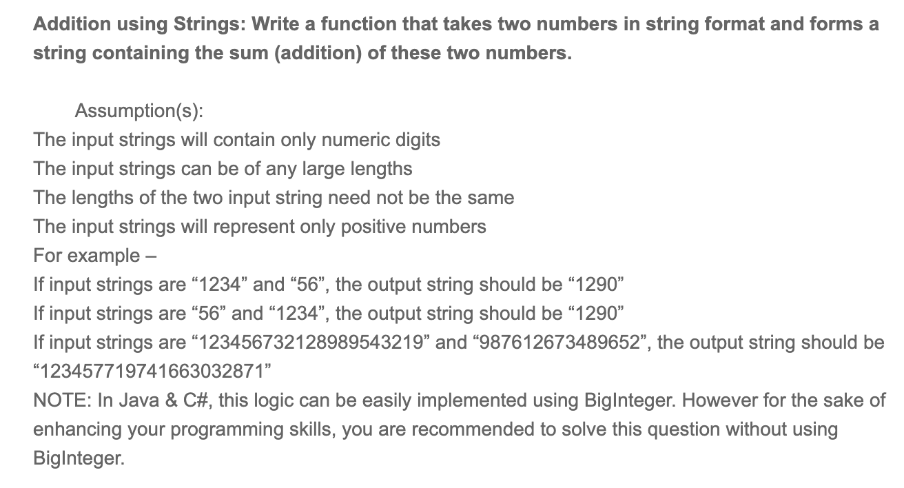 Solved Addition using Strings: Write a function that takes | Chegg.com