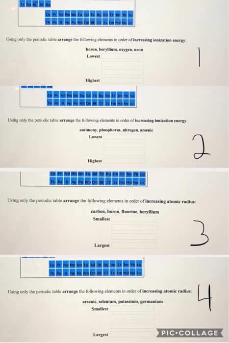 Solved Using only the periodic table arrange the following | Chegg.com