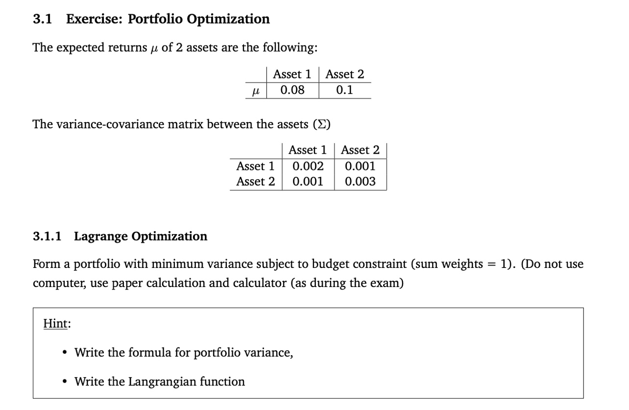 Solved 3.1 Exercise: Portfolio Optimization The expected | Chegg.com