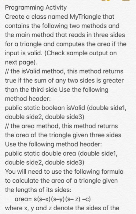 Solved Programming Activity Create a class named MyTriangle | Chegg.com