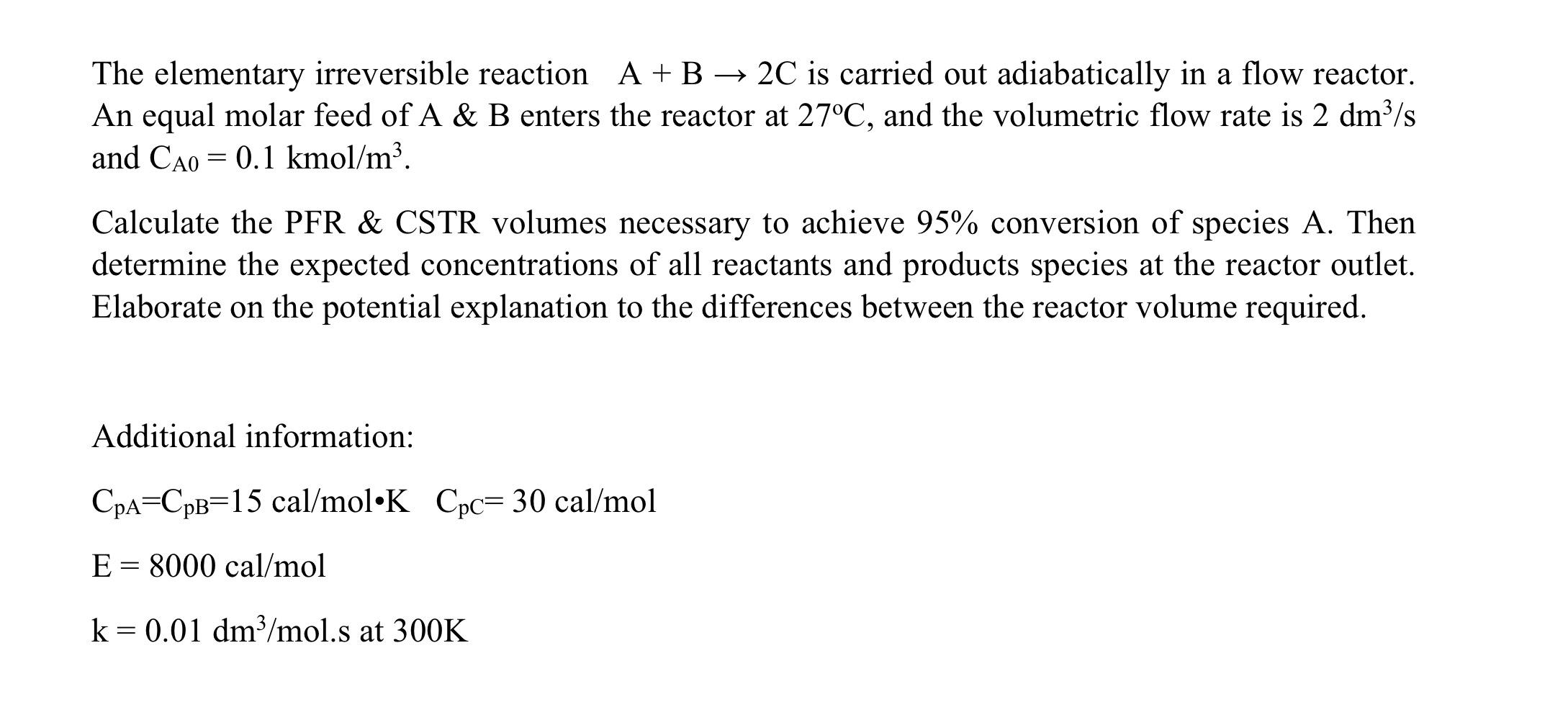 Solved The elementary irreversible reaction A+B → 2C is | Chegg.com