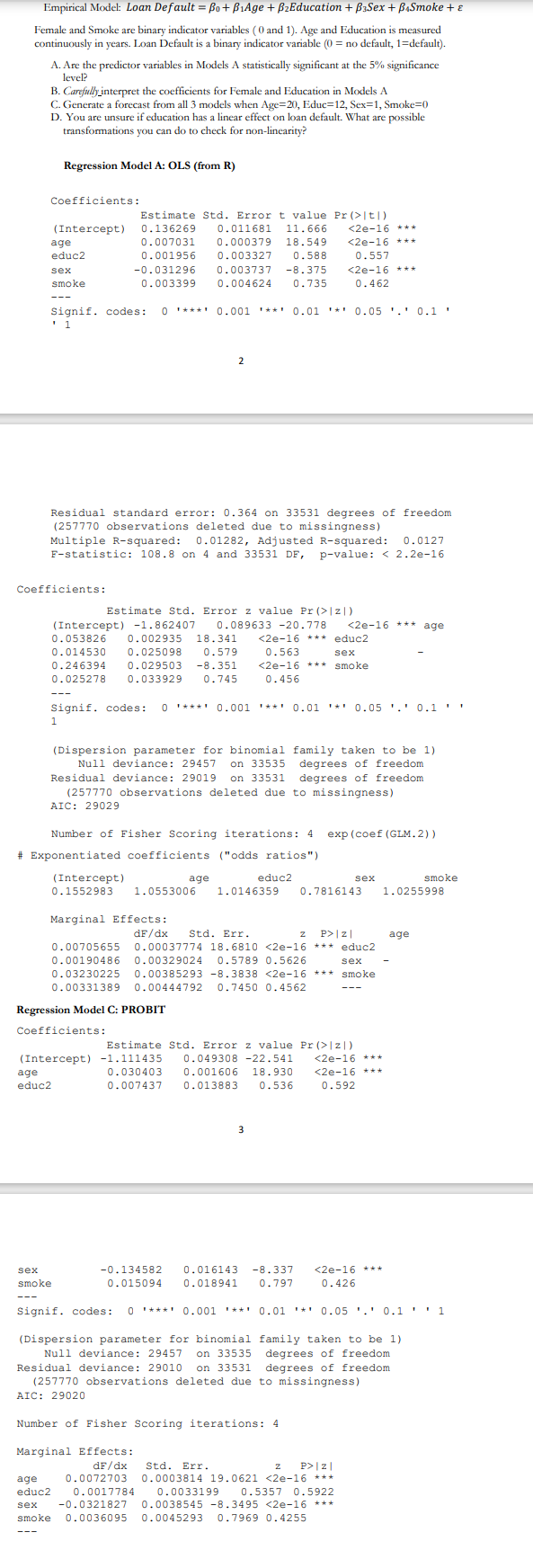 Empirical Model: Loan Default =β0+β1 Age +β2 | Chegg.com