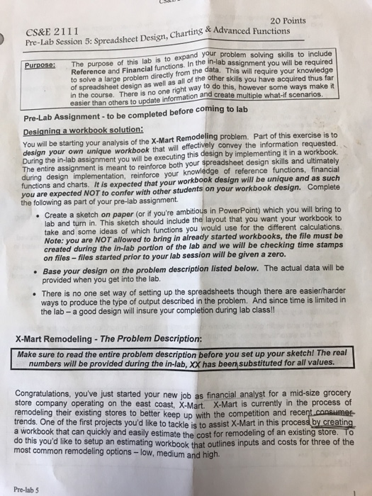 20 Points CS&E 2111 Pre-Lab Session 5: Spreadsheet | Chegg.com
