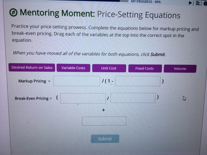 Solved -MY PROGRESS , 9096 O Mentoring Moment: Price-Setting | Chegg.com
