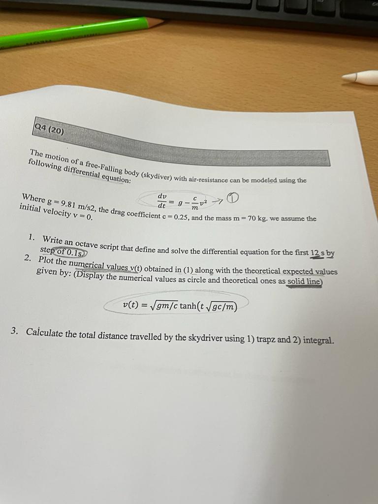 Solved The motion of a free-Falling body (skydiver) with | Chegg.com