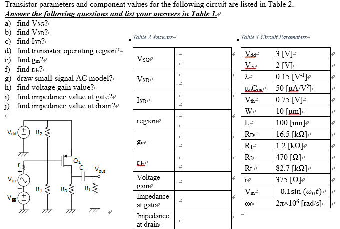 Solved VSDP Transistor parameters and component values for | Chegg.com