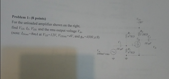Solved Problem 1: (8 points) For the unloaded amplifier | Chegg.com