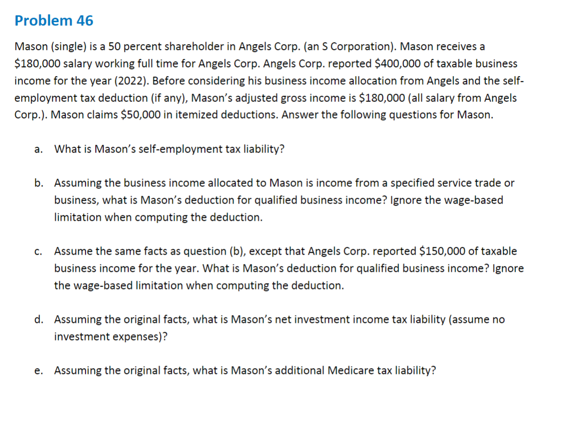 Solved Problem 46 Mason (single) is a 50 percent shareholder | Chegg.com