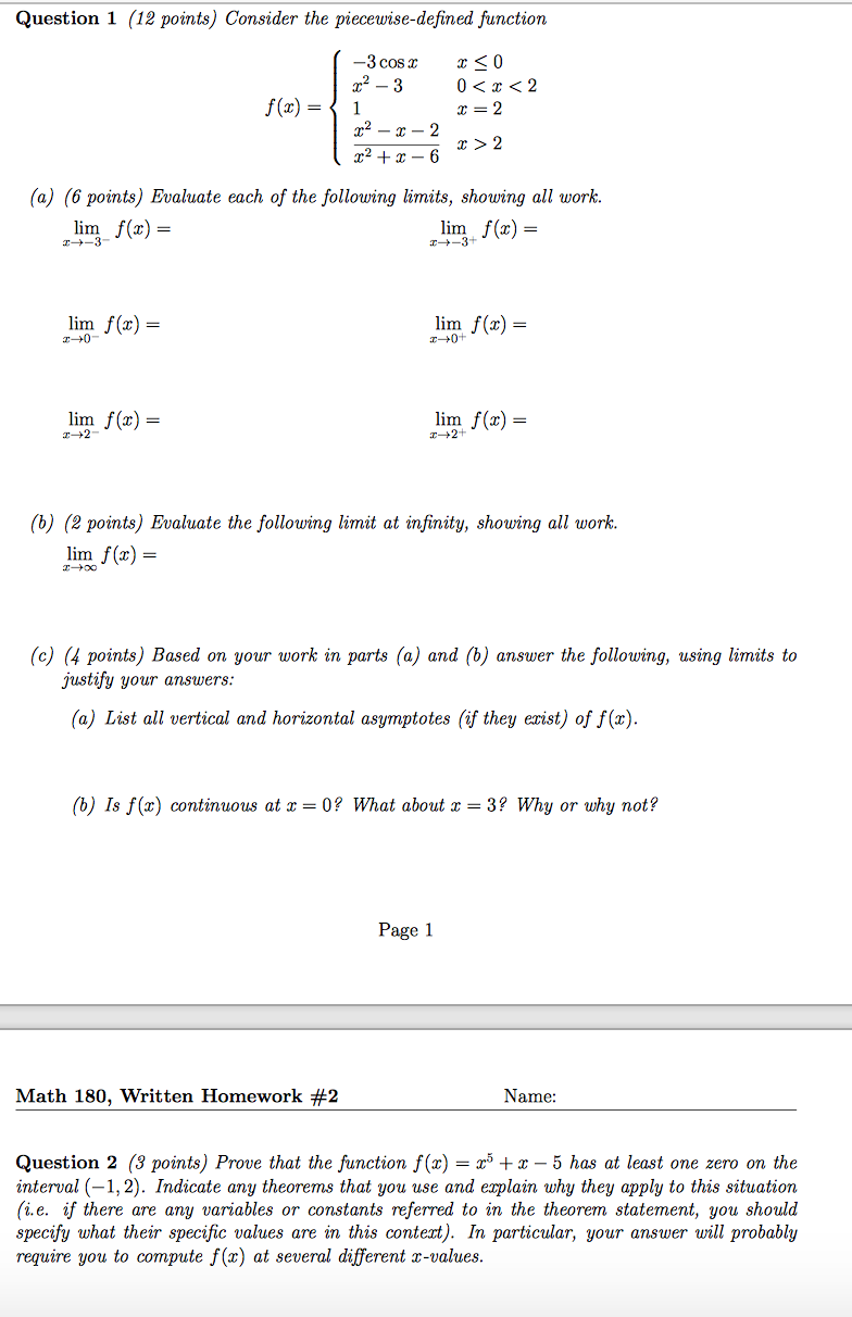 Solved Question 1 (12 points) Consider the piecewise-defined | Chegg.com