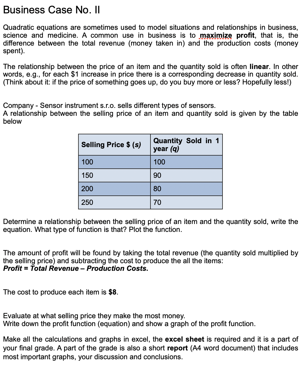 Business Case No. II Quadratic equations are | Chegg.com