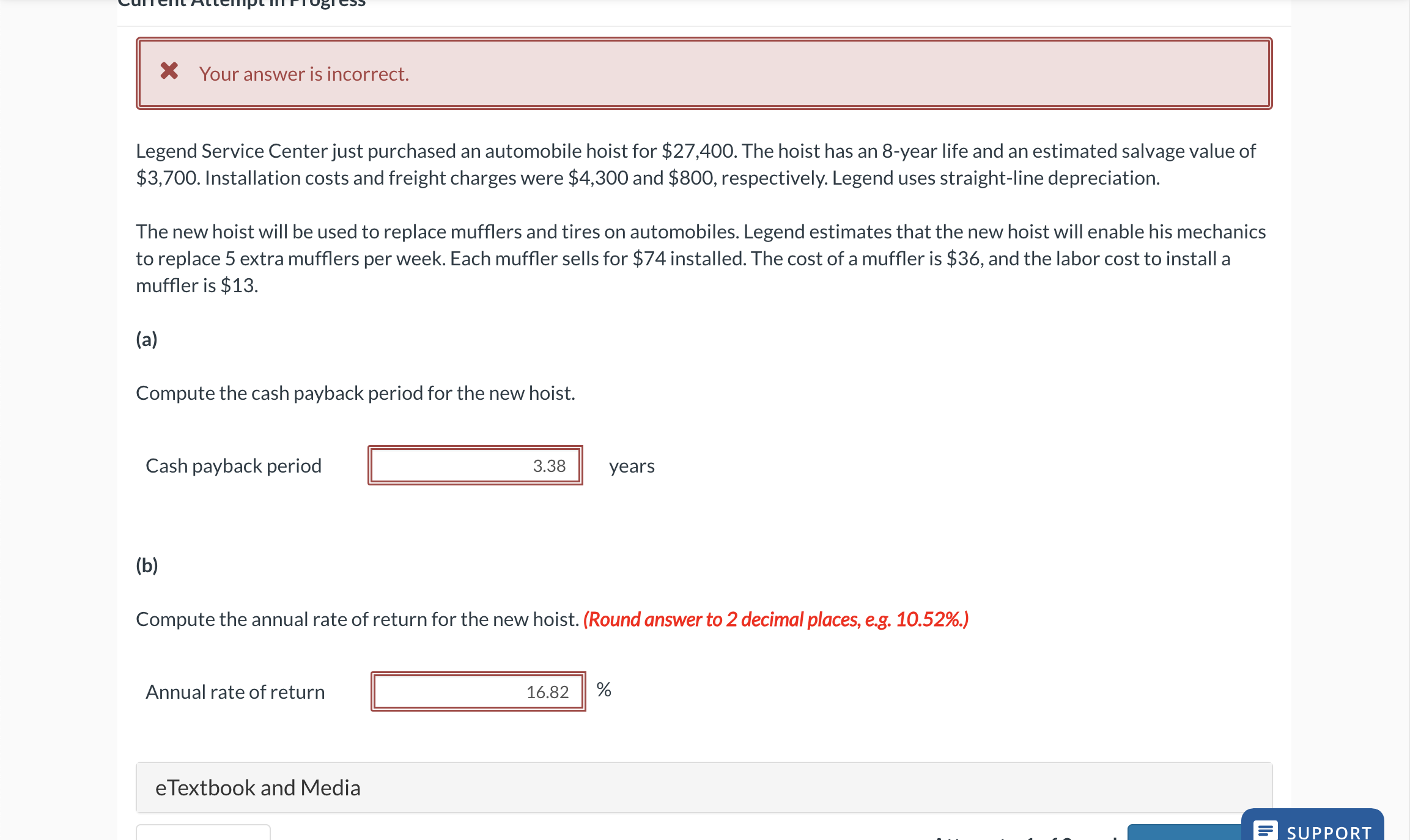 Solved x Your answer is incorrect.Legend Service Center just | Chegg.com
