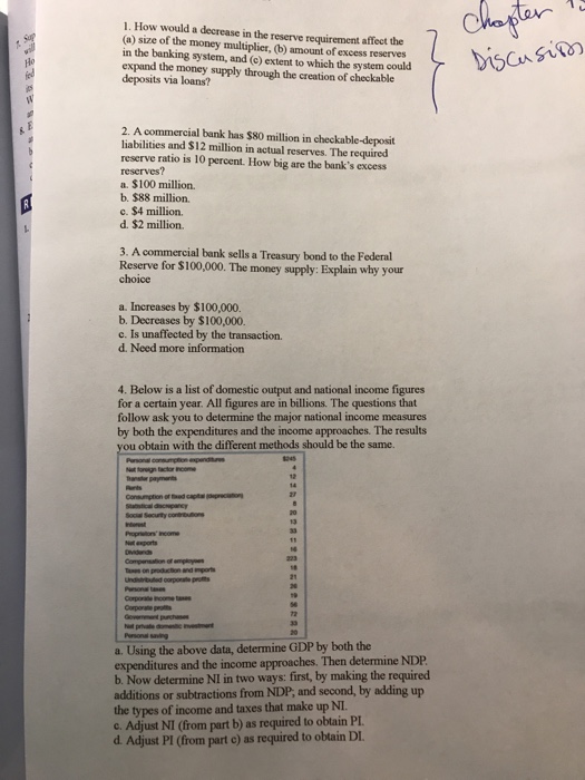 Solved 1. How would a decrease in the reserve requirement | Chegg.com