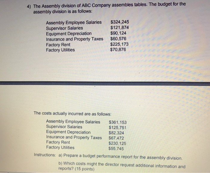 Solved 4) The Assembly division of ABC Company assembles | Chegg.com