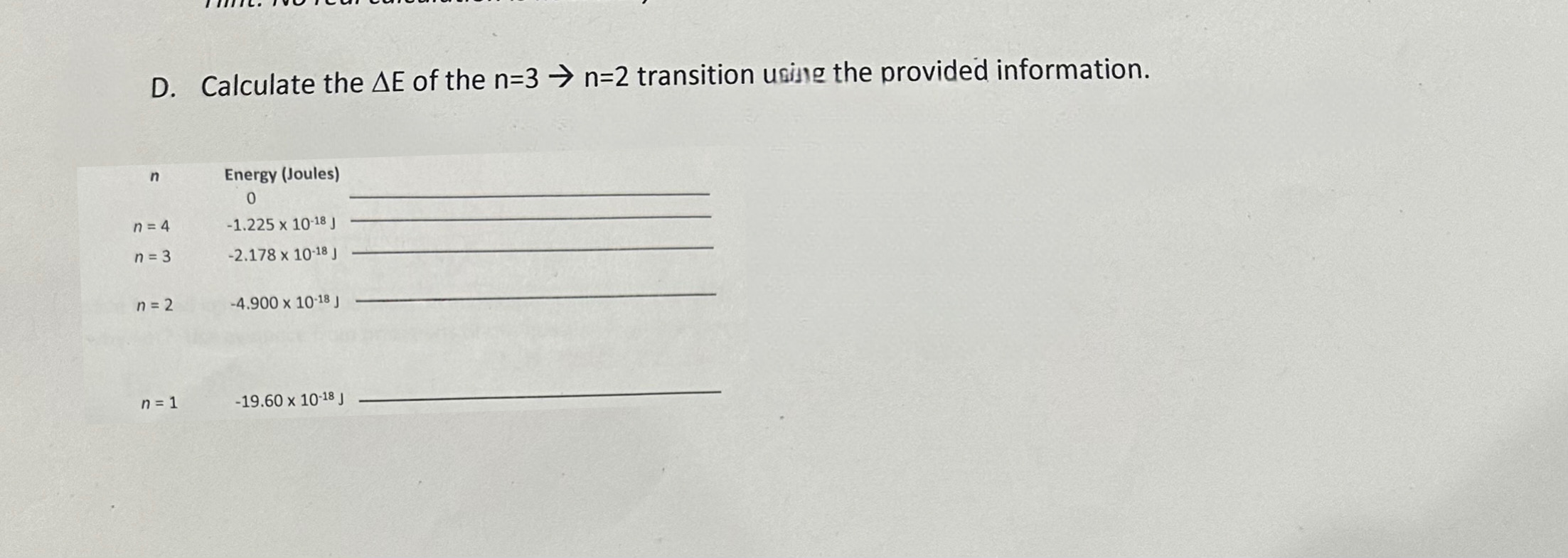 D. ﻿Calculate the ΔE ﻿of the n=3→n=2 ﻿transition | Chegg.com