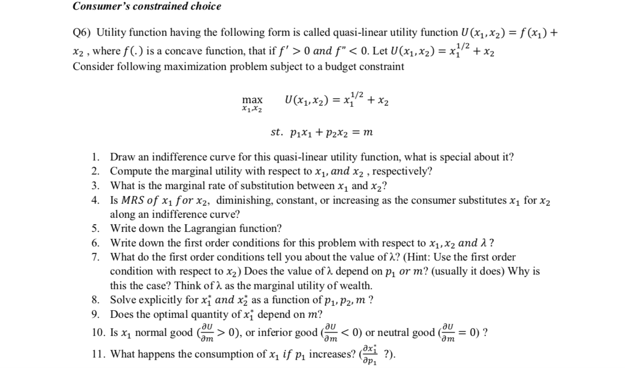 Solved Consumer's constrained choice Q6) Utility function | Chegg.com
